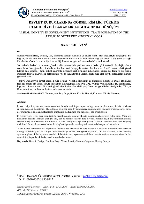 (PDF) Devlet Kurumlarinda Görsel Ki̇mli̇k: Türki̇ye Cumhuri̇yeti̇ Bakanlik Logolarinda Dönüşüm