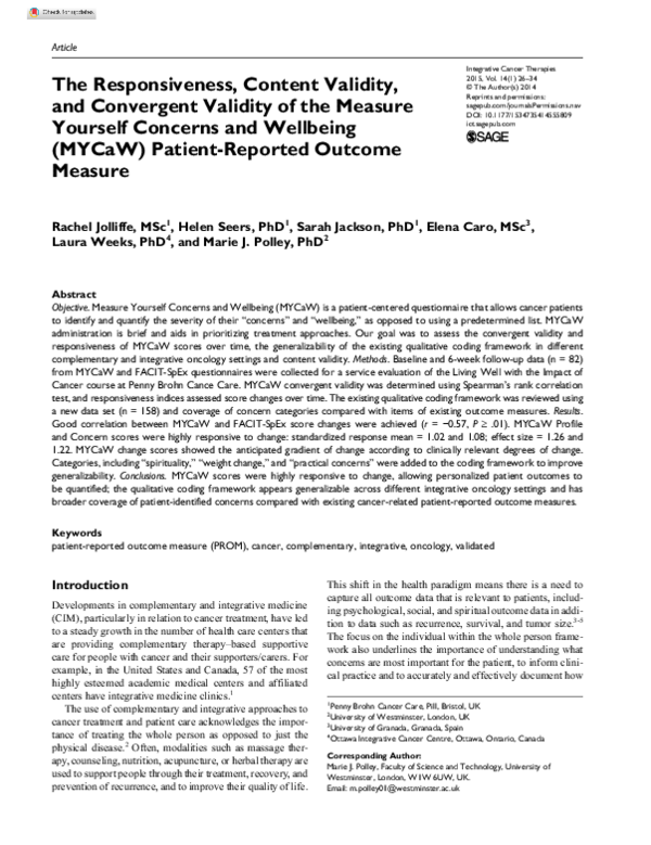 (PDF) The responsiveness, content validity, and convergent validity of the Measure Yourself ...