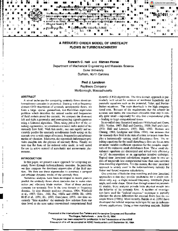 Pdf A Reduced Order Model Of Unsteady Flows In Turbomachinery