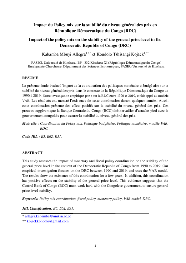 (PDF) Impact of the policy mix on the stability of the general price ...