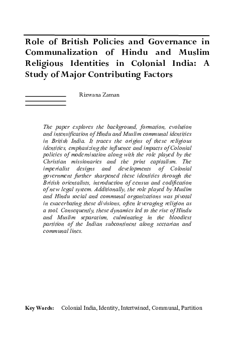 (PDF) Role of British Policies and Governance in Communalization of ...