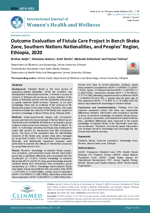 (PDF) Outcome Evaluation of Fistula Care Project in Bench Sheko Zone ...