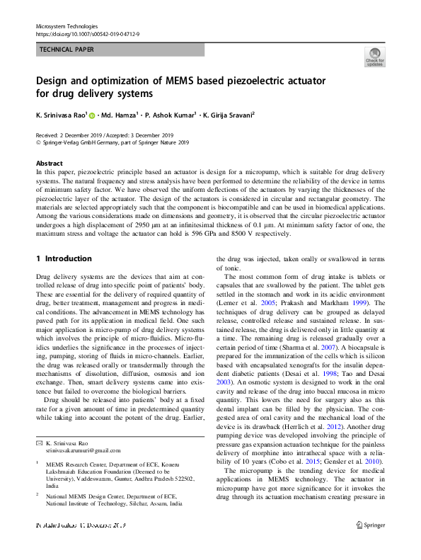 (PDF) Design and optimization of MEMS based piezoelectric actuator for drug delivery systems