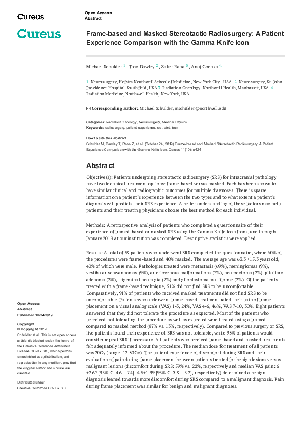 (PDF) Frame-based and Masked Stereotactic Radiosurgery: A Patient ...
