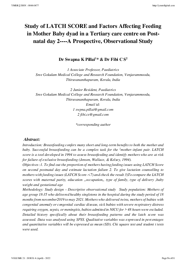 (PDF) Study of LATCH SCORE and Factors Affecting Feeding in Mother Baby ...