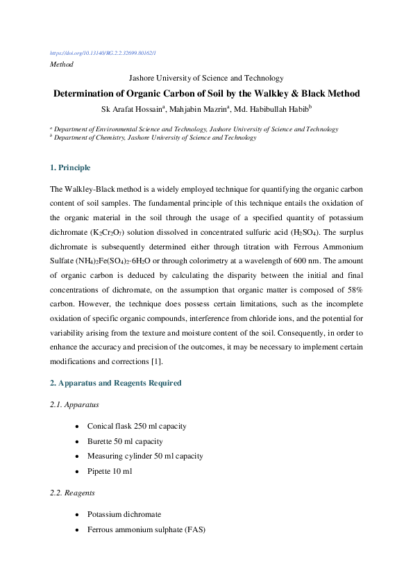 (PDF) Determination of Organic Carbon of Soil by the Walkley & Black Method