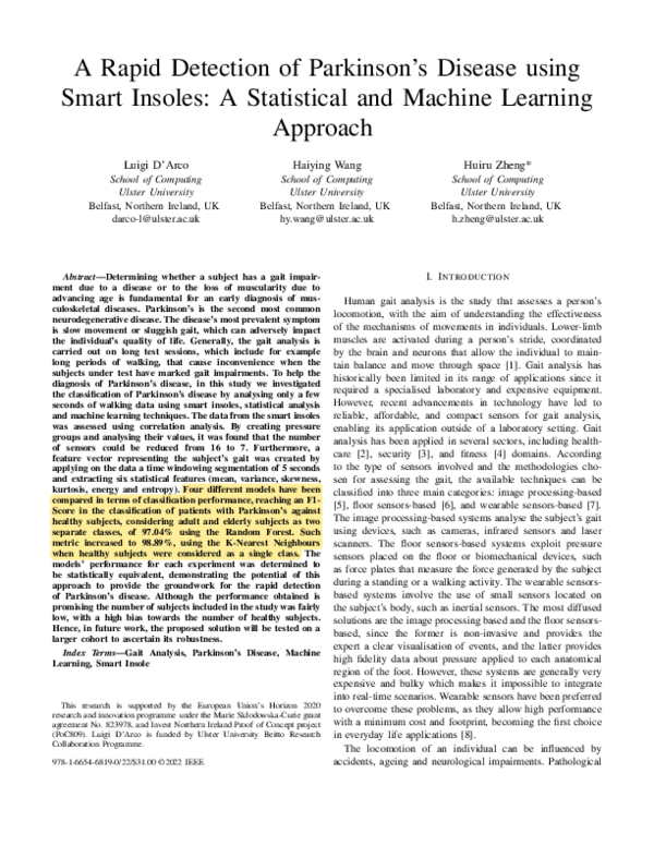 (PDF) A Rapid Detection of Parkinson’s Disease using Smart Insoles: A Statistical and Machine ...