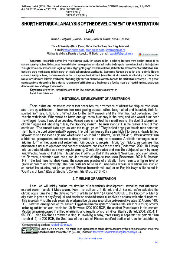 (PDF) Short Historical Analysis of the Development of Arbitration Law