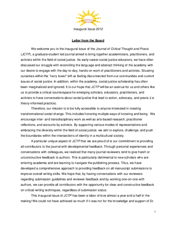 (PDF) Welcome Letter From The Board - Inaugural Issue