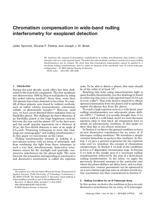 (PDF) Chromatism compensation in wide-band nulling interferometry for ...