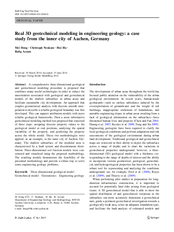 (PDF) Real 3D geotechnical modeling in engineering geology: a case study from the inner city of ...