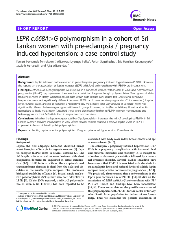 (PDF) LEPR c.668A>G polymorphism in a cohort of Sri Lankan women with pre-eclampsia / pregnancy ...