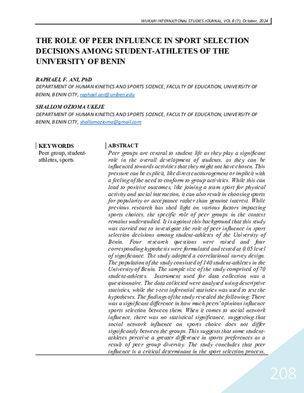(PDF) THE ROLE OF PEER INFLUENCE IN SPORT SELECTION DECISIONS AMONG ...