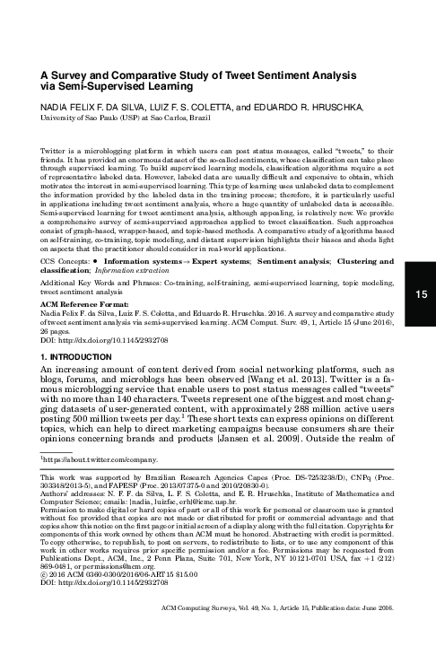 (PDF) A Survey and Comparative Study of Tweet Sentiment Analysis via Semi-Supervised Learning