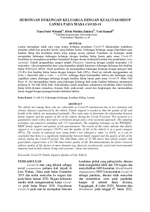 (PDF) Hubungan Dukungan Keluarga Dengan Kualitas Hidup Lansia Pada Masa COVID-19