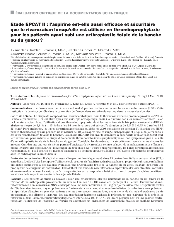 (PDF) Étude EPCAT II : l'aspirine est-elle aussi efficace et sécuritaire que le rivaroxaban ...