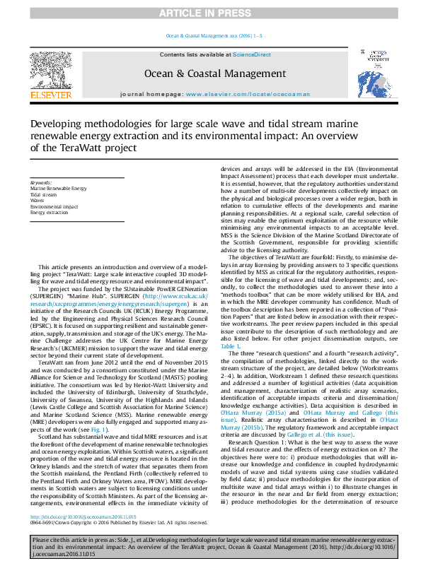 (PDF) Developing methodologies for large scale wave and tidal stream marine renewable energy ...