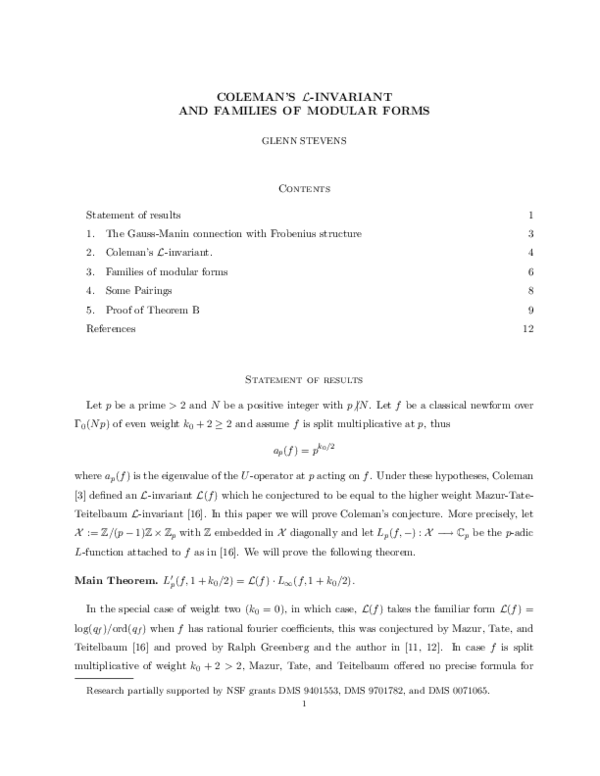 (PDF) Coleman’s L-Invariant and Families of Modular Forms