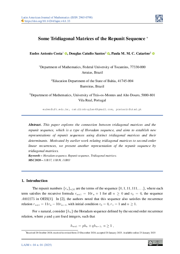 (PDF) Some Tridiagonal Matrices of the Repunit Sequence