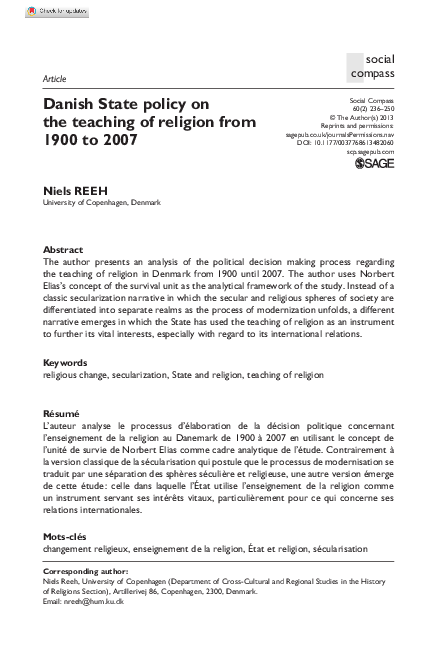 (PDF) Danish State policy on the teaching of religion from 1900 to 2007