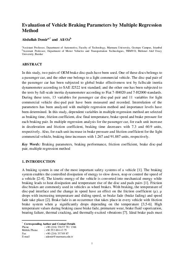(PDF) Evaluation of Vehicle Braking Parameters by Multiple Regression Method
