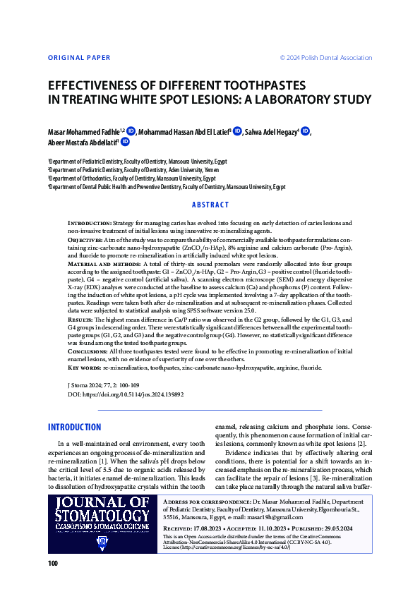 (PDF) Effectiveness of different toothpastes in treating white spot ...