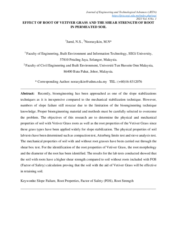 (PDF) Effect of Root of Vetiver Grass and the Shear Strength of Root in ...