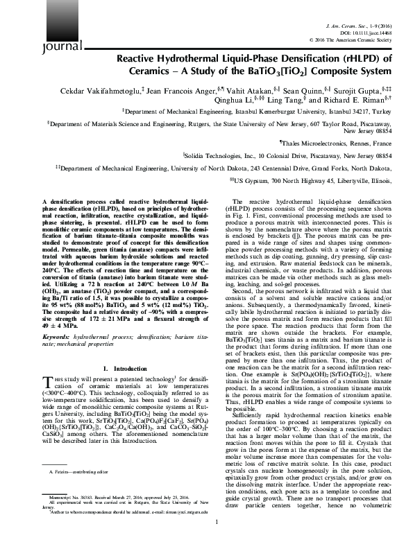 (PDF) Reactive Hydrothermal Liquid‐Phase Densification (rHLPD) of ...
