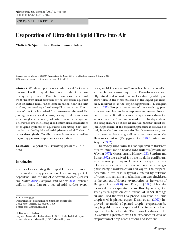 (PDF) Evaporation of Ultra-thin Liquid Films into Air
