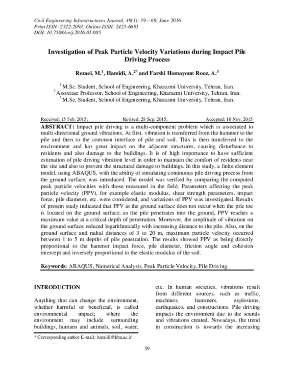(PDF) Investigation of Peak Particle Velocity Variations during Impact Pile Driving Process