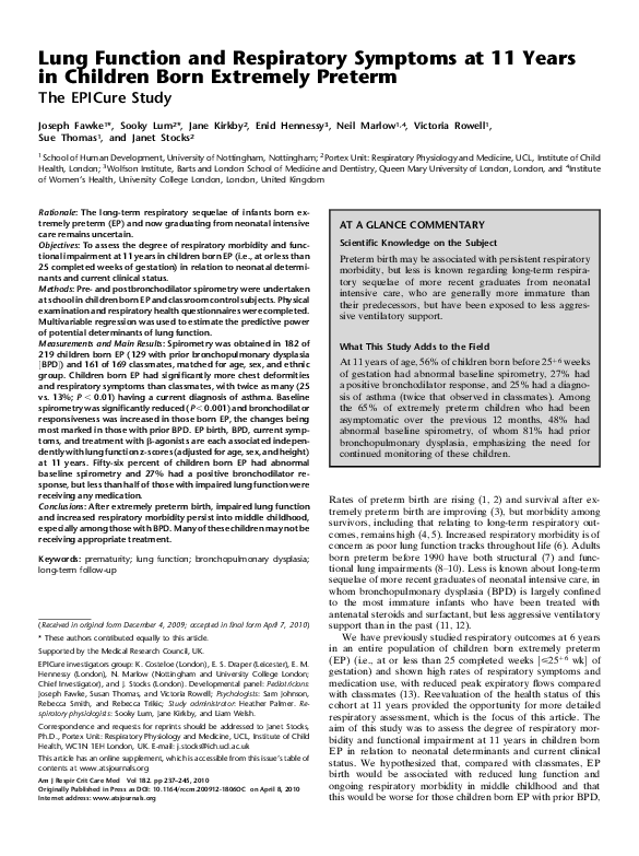 (PDF) Lung Function and Respiratory Symptoms at 11 Years in Children ...