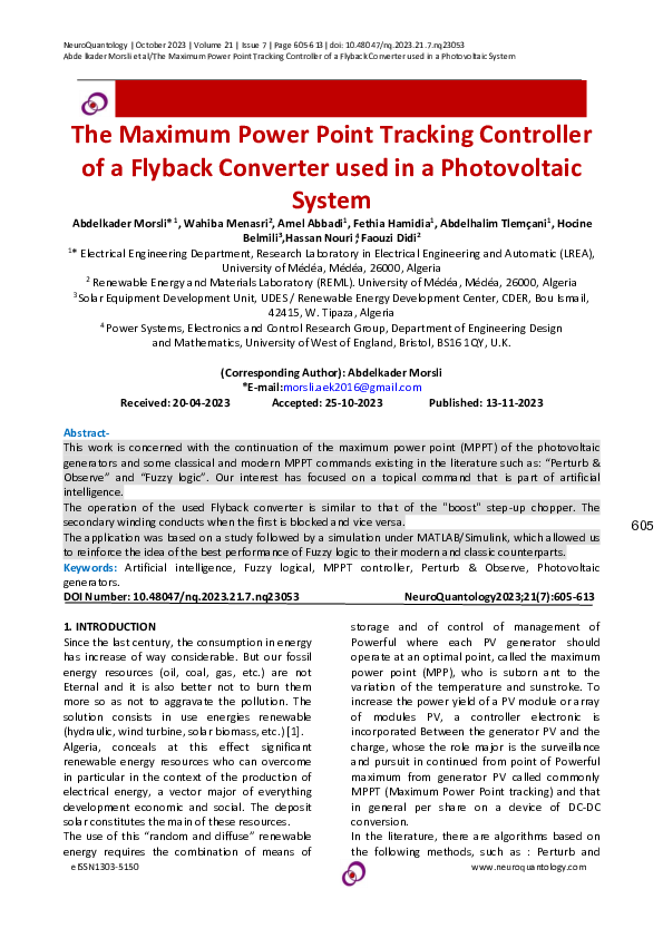 (PDF) The Maximum Power Point Tracking Controller of a Flyback Converter used in a Photovoltaic ...