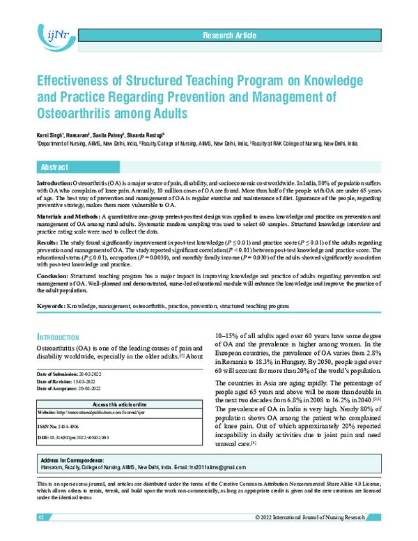 (PDF) Effectiveness of Structured Teaching Program on Knowledge and Practice Regarding ...
