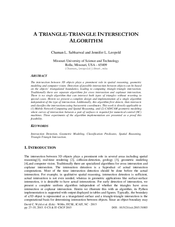 (PDF) A Trianlge-Triangle Intersection Algorithm