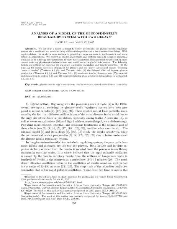 (PDF) Analysis of a Model of the Glucose‐Insulin Regulatory System with Two Delays