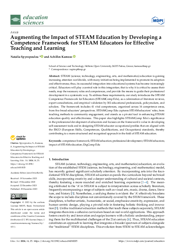 (PDF) Augmenting the Impact of STEAM Education by Developing a Competence Framework for STEAM ...
