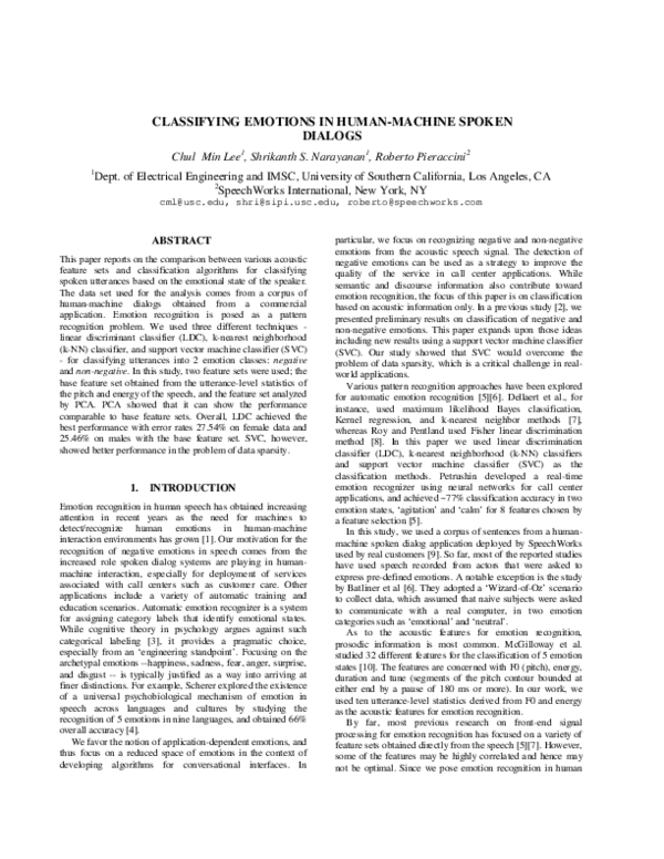 (PDF) Classifying emotions in human-machine spoken dialogs