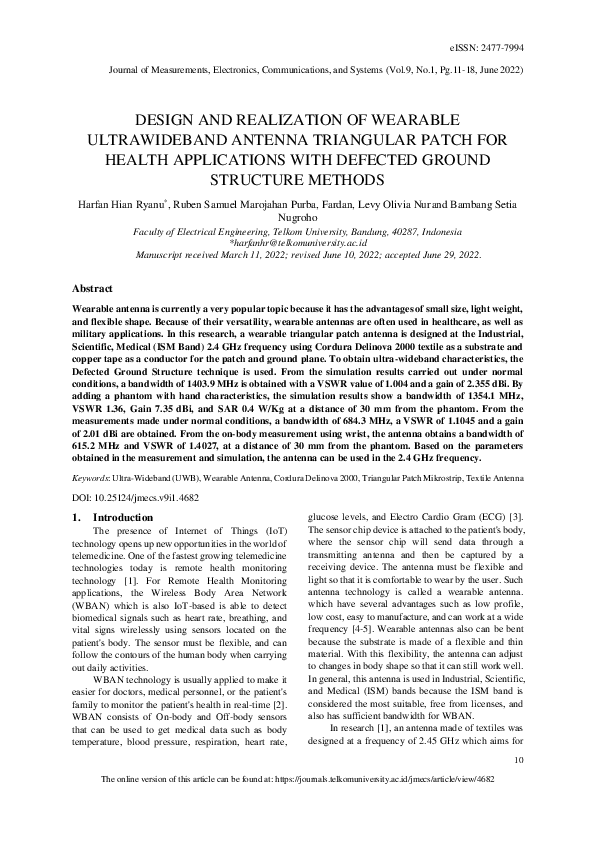 (PDF) Design and Realization of Wearable Ultrawideband Antenna Triangular Patch for Health ...