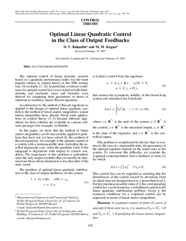 (PDF) Optimal linear quadratic control in the class of output feedbacks
