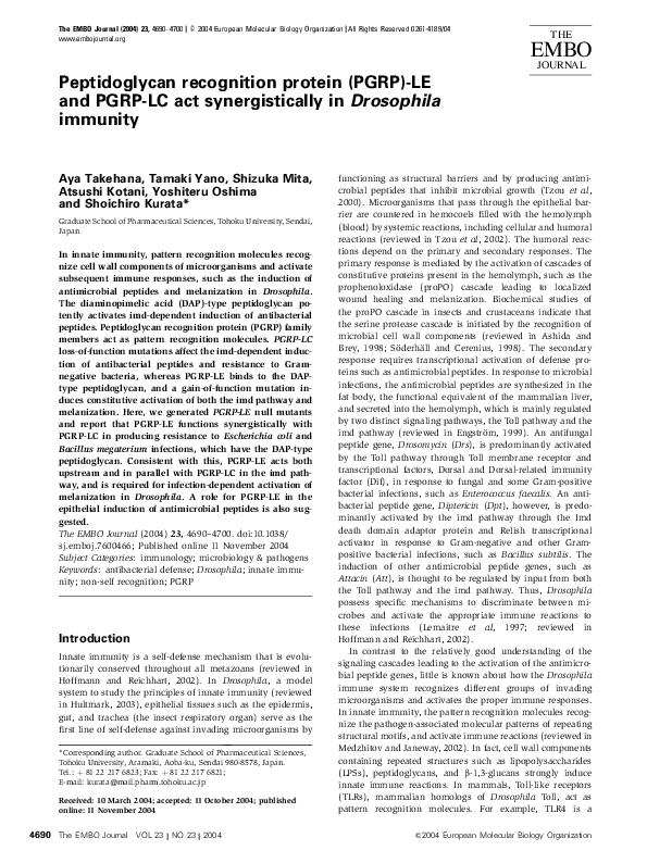 (PDF) Peptidoglycan recognition protein (PGRP)-LE and PGRP-LC act ...