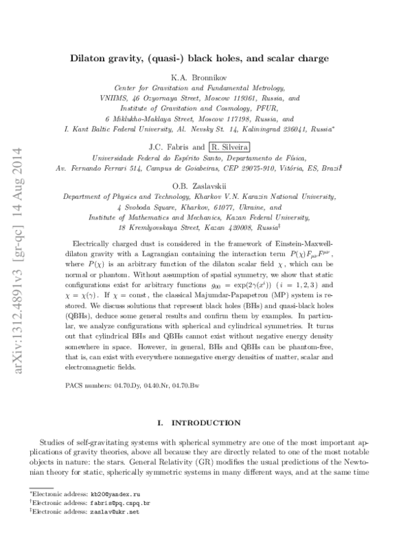 (PDF) Dilaton gravity, (quasi-) black holes, and scalar charge