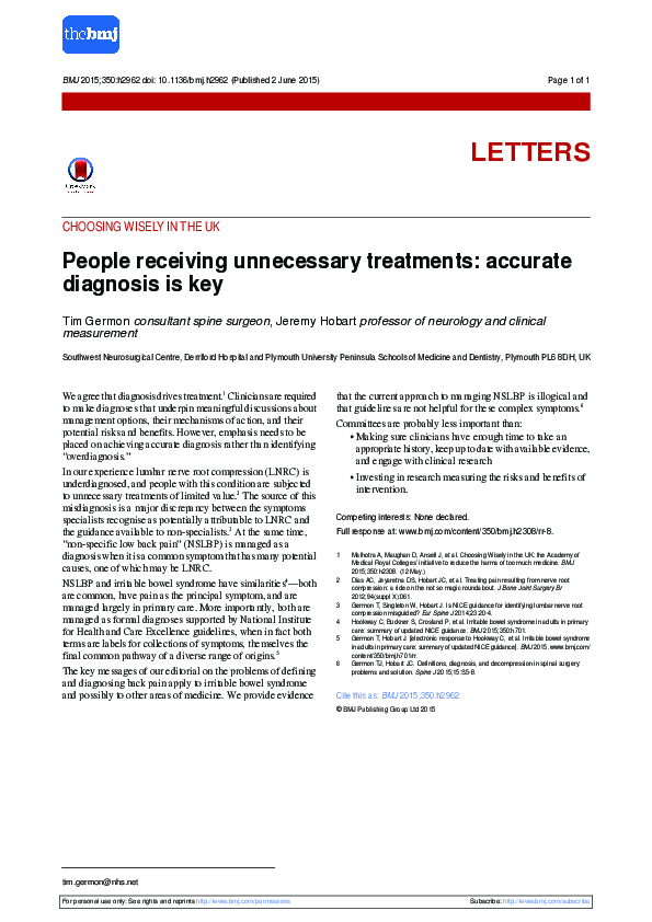(PDF) People receiving unnecessary treatments: accurate diagnosis is key