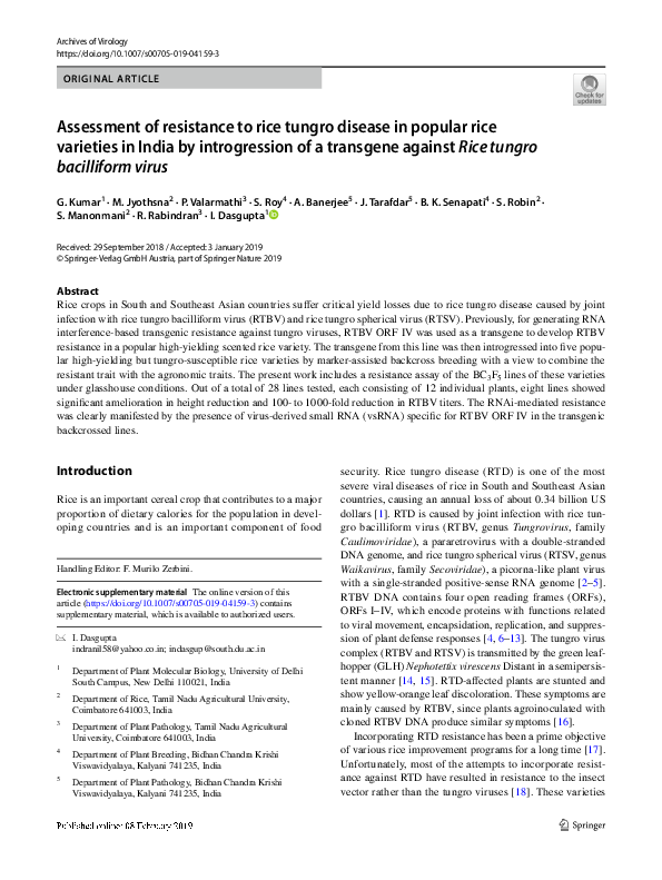(PDF) Assessment of resistance to rice tungro disease in popular rice ...