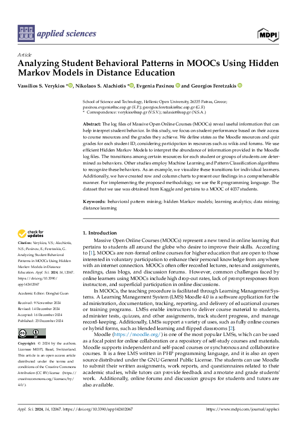 (PDF) Analyzing Student Behavioral Patterns in MOOCs Using Hidden Markov Models in Distance ...