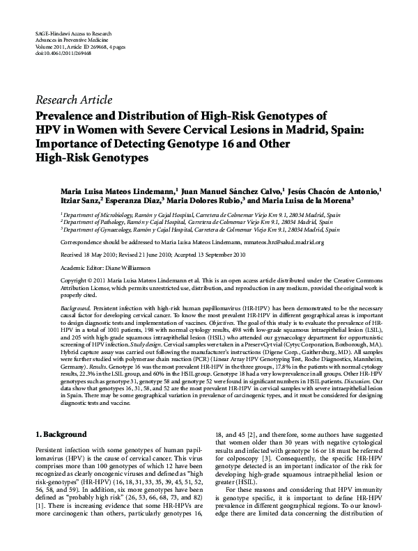 Pdf Prevalence And Distribution Of High Risk Genotypes Of Hpv In 0093