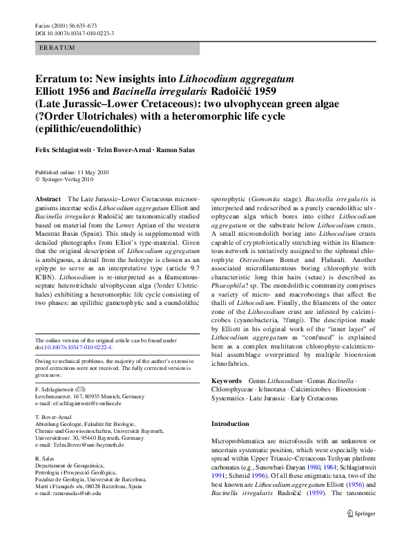 (PDF) Erratum to: New insights into Lithocodium aggregatum Elliott 1956 ...