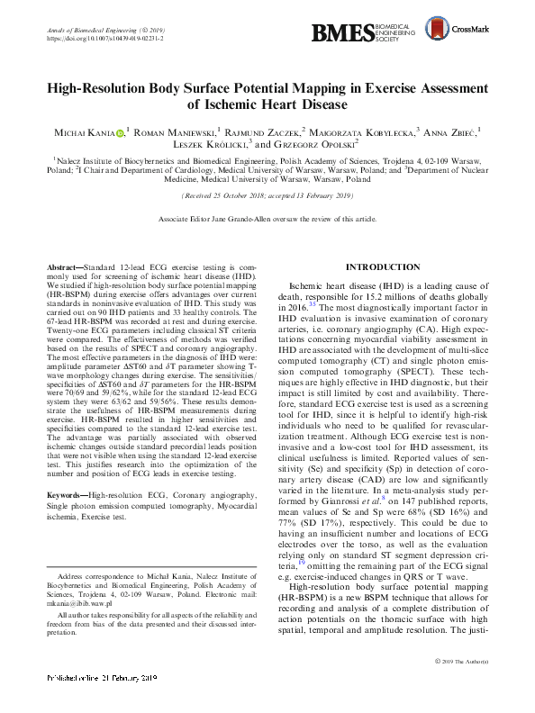 Pdf High Resolution Body Surface Potential Mapping In Exercise