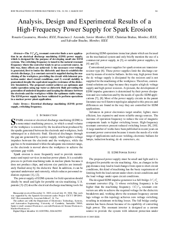 (PDF) Analysis, Design and Experimental Results of a High-Frequency Power Supply for Spark Erosion