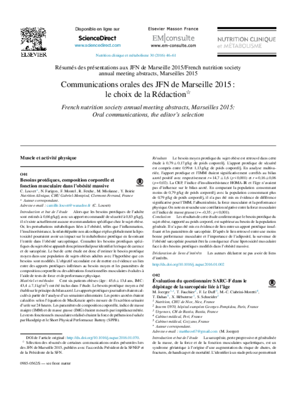 (PDF) Évaluation du questionnaire SARC-F dans le dépistage de la ...