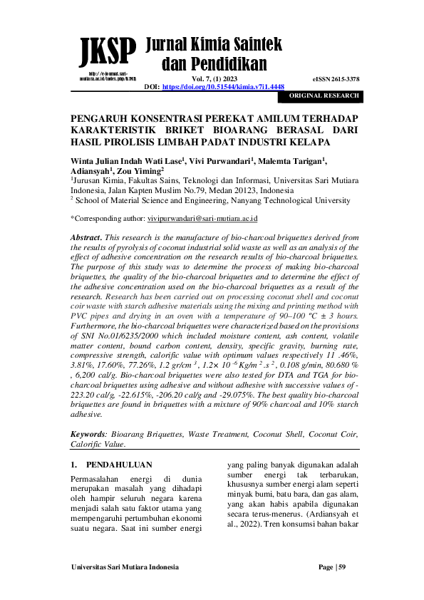 (PDF) Pengaruh Konsentrasi Perekat Amilum Terhadap Karakteristik Briket Bioarang Berasal Dari ...